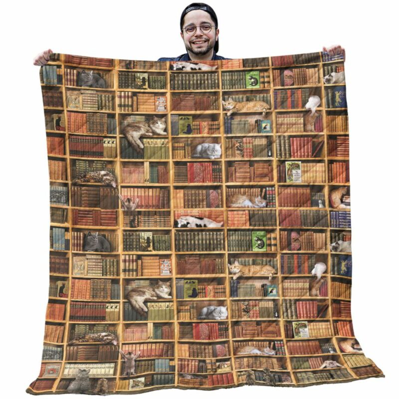 Book Shelf Quilt - Library Funny Cats And Books With Wood Book Shelf ...